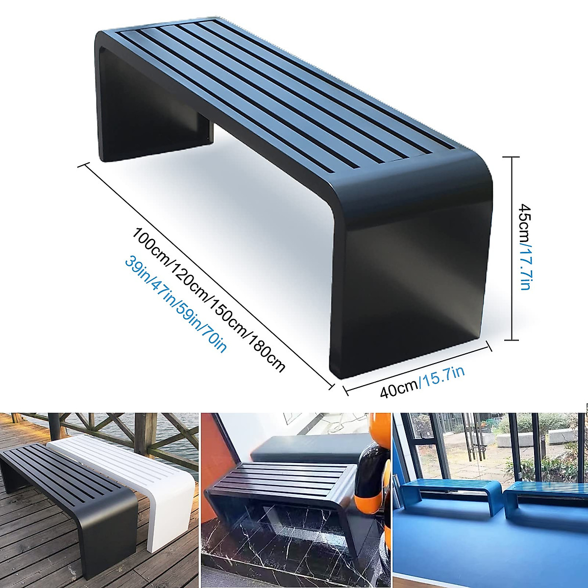 ARMERI Outdoor Garden Bench, Contemporary Armless Metal Park Bench 100/120/150/180cm for Outdoor Beach, Patio, Pool, Lawn, Outdoor Furniture, Park Bench,Black,180x40x45cm