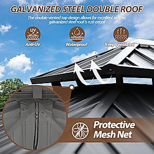 Raysfung 10 X 12ft Hardtop Gazebo, Galvanized Steel Double Roof Gazebo with Nettings and Curtains, Outdoor Aluminum FrameVertical Stripes Roof Permanent Pavilion for Patio, Backyard, Lawns