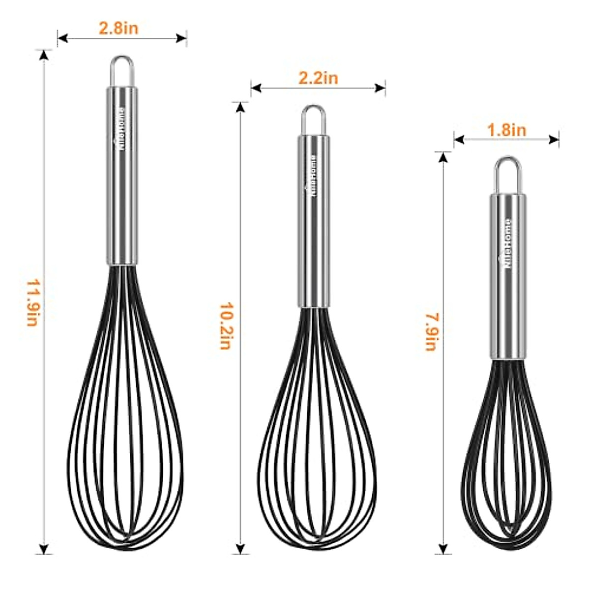 NileHome Whisk Commercial Whisks Stainless Steel & Silicone Non-Stick Coated Small Whisk Set 8" 10" 12" Kitchen Wisk Wire Whisks for Cooking 3 Pack, Black