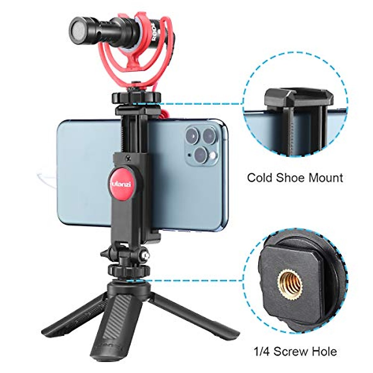 ULANZI Universal Phone Tripod Mount with Cold Shoe Mount, Rotates and Adjustable Clamp Holder Smartphone Clip Adapter for iPhone 11 Pro Max X XR Xs Max 8 7 Plus Samsung Galaxy s10 s9 Note10 Google