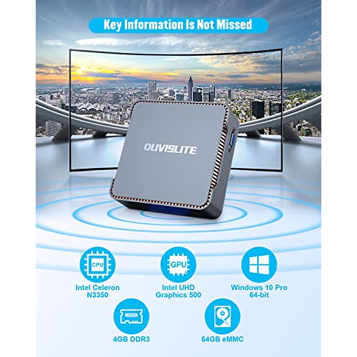 Mini PC Ιntel Celeron N3350 Processor(Up to 2.4GHz), 4GB DDR3 64GB eMMC Mini Computer Windows 10 Pro Desktop Computers Support 2TB Expansion, 4K HDMI Triple Display, Dual WiFi, BT4.2, Gigabit Ethernet