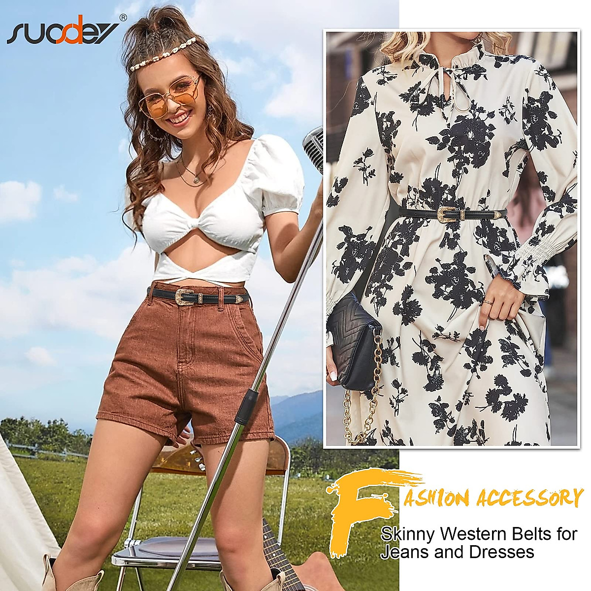 SUOSDEY Trendy Western Skinny Belts for Women Adjustable Leather Thin Waist Belt for Dresses with Vintage Buckle