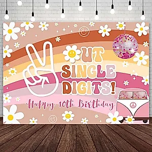 AIBIIN 8x6ft Out Single Digits Backdrop Happy 10th Birthday Party Decorations Boho Rainbow Vintage Disco Daisy Floral Birthday Cake Table Banner Photo Booth Props