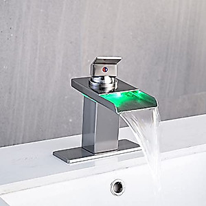 AVSIILE LED Bathroom Sink Faucet, Brushed Nickel Waterfall Single Hole Handle RV Bath Vanity Faucets for Sinks 1 Hole with Metal Pop Up Drain and 2 Water Supply Lines, Stainless Steel Spout