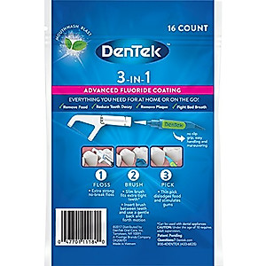 DenTek 3-In-1 Interdental Cleaners | Floss, Brush, Pick, Travel Pouch | 16 Count