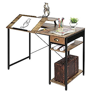 X-cosrack Computer Desk with Storage Shelves Drawer, 43” Home Office Desk with Monitor Stand, Adjustable and Tiltable Draft Drawing Table Writing Study Workstation for Home Office Artist, Rustic Brown