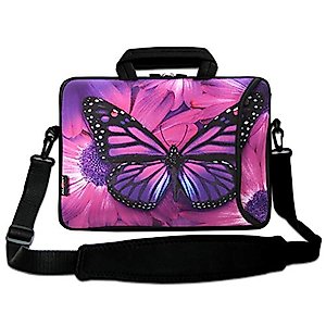 AUPET 16 16.5 17-17.3-Inch Water Resistant Neoprene Sleeve Notebook Neoprene Messenger Case Tote Bag with Outside Handle and Adjustable Shoulder Strap & Extra Pocket(Purple Butterfly)