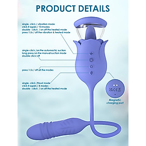 Rose Sex Toy Vibrator Dildo for Women - OHTop APP Remote Rose Adult Toys with 8 Thrusting 10 Tongue Vibrating Stimulator for Womens Couples - 5in1 Heated Sex Toys for Clit, G Spot and Nipples Pleasure