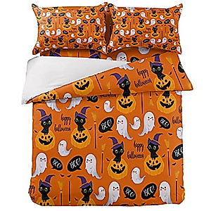 Halloween Orange Pumpkin Ghost Face Duvet Cover Sets 4 Piece Twin Ultra Soft Bed Quilt Cover Set for Kids/Teens/Women/Men,Cute Black Cat Ghost Seamless Bedding Collection All Season Use
