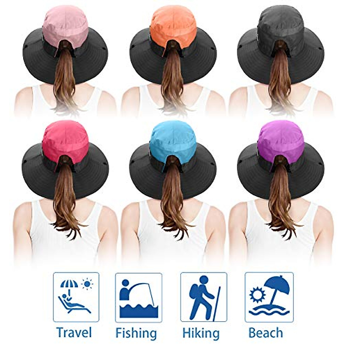 6 Pieces Womens Ponytail Wide Brim Sun Hat Packable UV Protection Beach Cap for Fishing & Hiking (Purple＆Sky Blue＆Watermelon Red＆Pink＆Orange＆Grey)