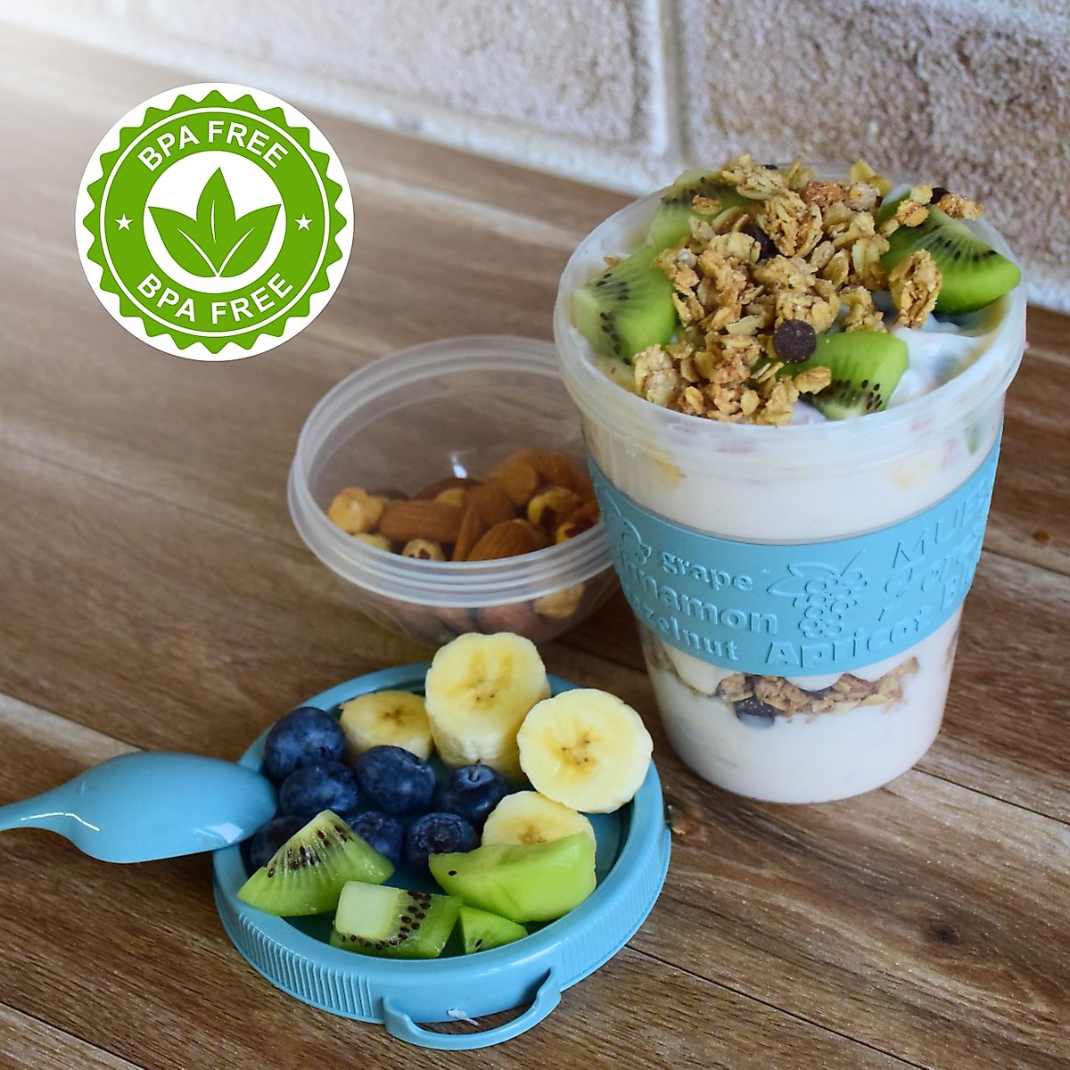 salda 2 Pack 20 oz Breakfast On the Go Cups, Take and Go Yogurt Cup with Topping Cereal Cup with spoon, Overnight Oats or Oatmeal Container Jar, Colorful Set of 2 (Red and Gray)
