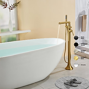 SOEBIZ Free Standing Tub Faucet, Brass Freestanding Bathtub Faucets Floor Mounted Brushed Gold Tub Filler with Swivel Spout and Hand Shower, Flow Max 6.5 GPM@60PSI