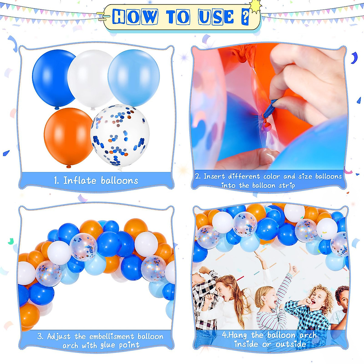110 Pcs Orange and Blue Balloons Garland Kit War Party Balloon 10 Inch Orange Blue White Latex Balloons 12 Inch Orange Blue Confetti Balloons for Kids Target Sign Birthday Party Supplies