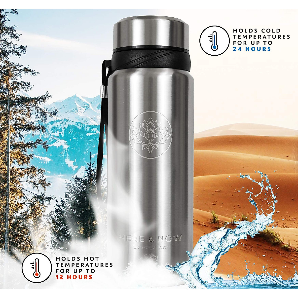 Here & Now Supply Co. 25 oz Multi-Purpose Travel Mug and Tumbler | Tea Infuser Water Bottle | Fruit Infused Flask | Hot & Cold Double Wall Stainless Steel Coffee Thermos (Cosmic Silver)
