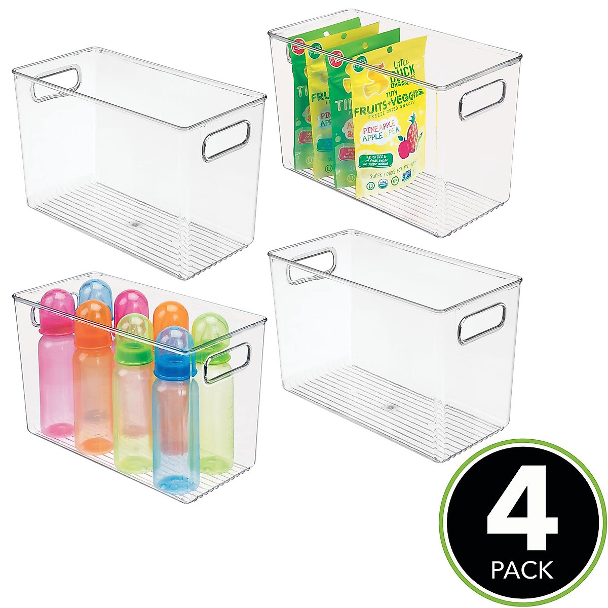 mDesign Plastic Storage Organizer Bin with Handles for Baby or Kids - Containers for Nursery, Playroom or Daycare - Holder for Snacks, Toys, Food, Diapers, or Wipes - Ligne Collection, 4 Pack, Clear