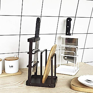 VANRA Metal Steel Cutting Board Holder Knife Block Kitchen Organizer Pantry Bakeware Rack Pan Pot Cover Lid Rack Stand with Draining Tray (Brown)