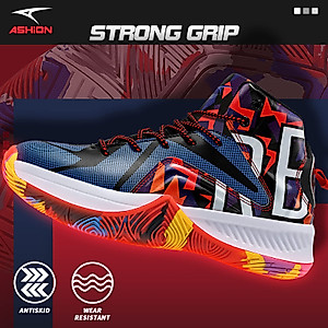 ASHION Kids Basketball Shoes Boys Girls High Top Sneakers Non Slip Running Shoes for Unisex Kids Camo Blue Red Big Kid Size 6.5