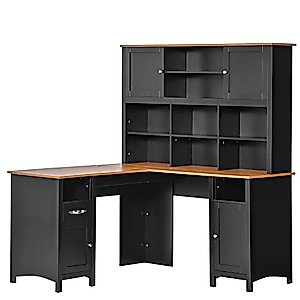 HOMCOM L-Shaped Computer Desk with Storage Shelves, Home Office Desk with Drawers and Cabinets, Black