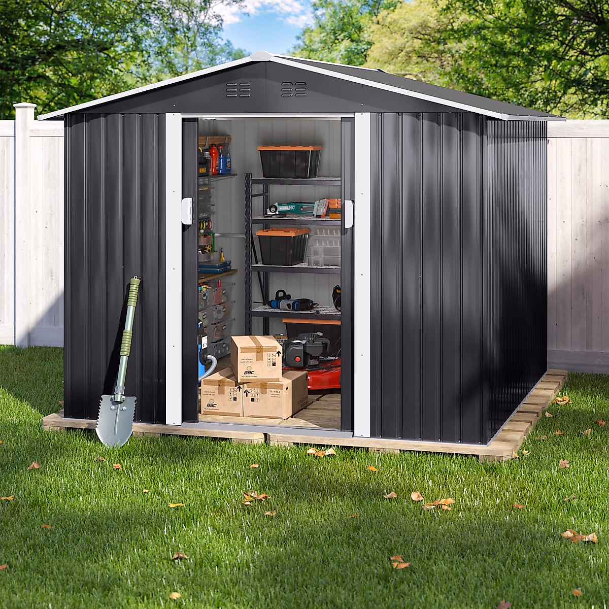 JAXPETY 8'x8' Garden Shed, Large Metal Lockable Outdoor Storage Shed & Outdoor Storage Garden Shed Tool Outdoor Storage Shed with Sliding Doors and Air Vent for Backyard, Patio, Lawn, Dark Grey