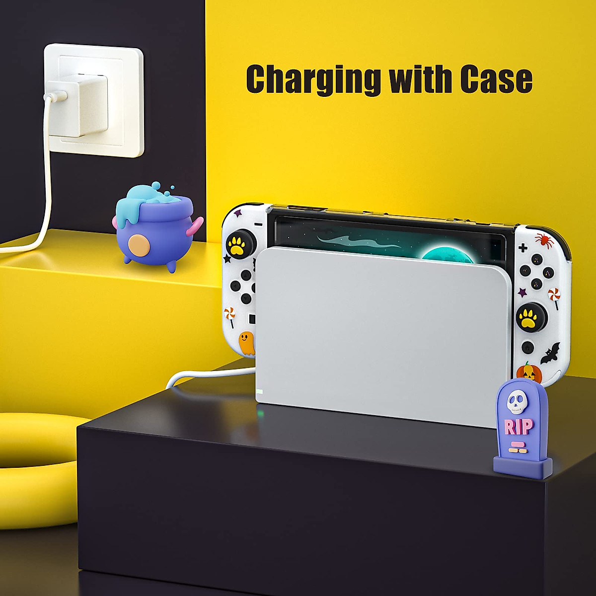 Halloween Decoration Switch OLED Case, Switch OLED Protective Case with TPU Joycon Covers and Glass Screen Protector and Thumb Grip Caps