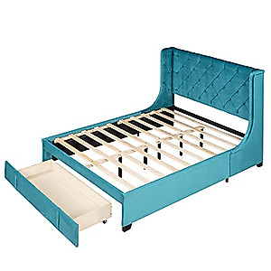 HAUSHECK Upholstered Bed Frame Queen Size with Big Drawer and Classic Button Tufted Wingback Headboard, Modern Platform Bed Frame w/Wooden Slats Support Mattress Foundation, No Box Spring Needed