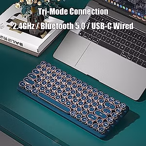TISHLED Typewriter Keyboard Wireless 2.4GHz/Bluetooth/USB-C Wired Mechanical Gaming Keyboard with Gold LED Backlit 84-Key NKRO Hot Swappable Green Switches Retro Round Keycaps for Multi-Device
