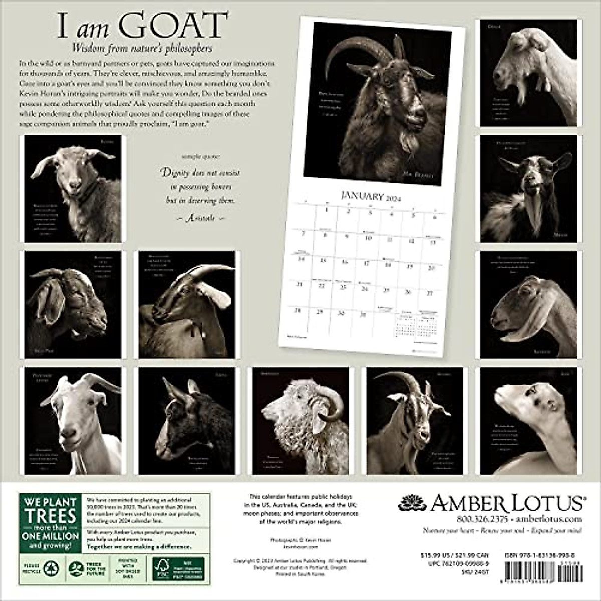 I Am Goat 2024 Wall Calendar: Animal Portrait Photography by Kevin Horan and Wisdom From Nature's Philosophers | 12" x 24" Open | Amber Lotus Publishing