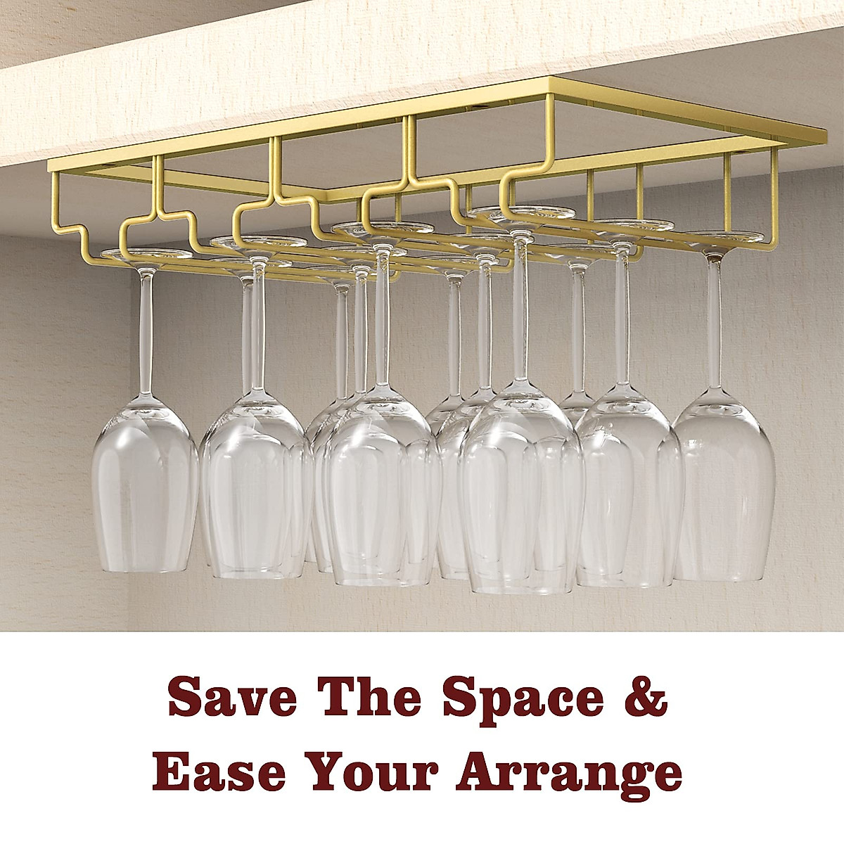 Nuovoware Hanging Stemware Holder, Wine Glass Holder Hanging Wine Glass Holder with 4 Rails for Under Shelf Glass Cabinet Hanging Chrome Kitchen Bar - Gold