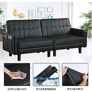 SAMERY Futon Sofa Bed Couch and Sleeper Sofas for Living Room, Faux Leather Convertible Folding Sofa Bed Couch and Loveseat for Small Space with Side Pockets Armrest and Sturdy Legs (Black)