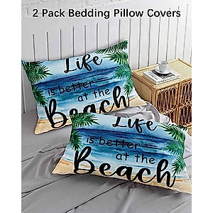 Life is Better at The Beach Pillow Covers Standard Size Set of 2 Bed Pillow, Summer Blue Ocean Tropical Plants Plush Soft Comfort for Hair/ Skin Cooling Pillowcases with Envelop Closure 20''x26''