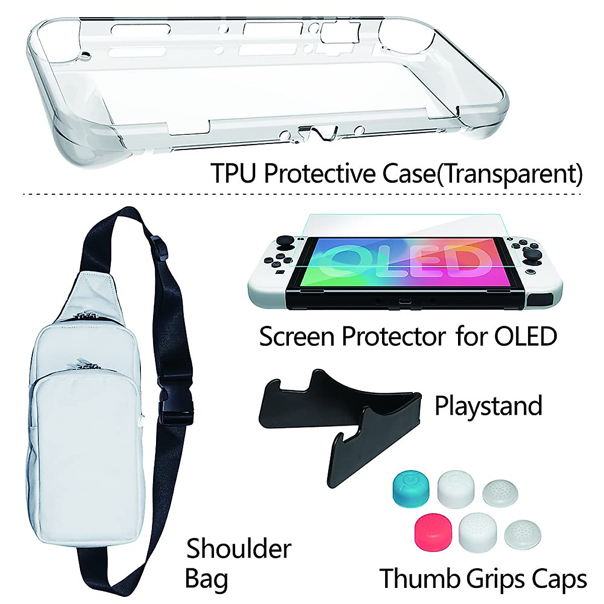 omarando TPU Case Cover Accessories Kit for Nintendo Switch (OLED model),Shoulder Bag for Switch,with Tempered Glass Screen Protector,Thumb Grip Caps .Mini travel playstand (Clear)