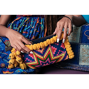 Yellow Pom Pom Clutch Bag with Embroidered Hmong Tribes Star Pattern