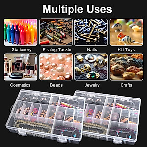 2 Pack 24 Grids Clear Plastic Organizer Box, Storage Container with Adjustable Divider, Craft and Bead Storage Organizer Box for DIY Crafts Jewelry Fishing Tackles with 1 Sheets Label Stickers