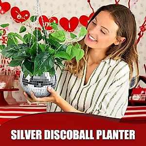 Disco Ball Planter, 6" Creative Mirror Ball Hanging Planters for Indoor Plants with Chain, Macrame Rope, Wooden Stand, Disco Ball Plant Hanger for Valentine's Decorations Hanging Plant, 1 piece