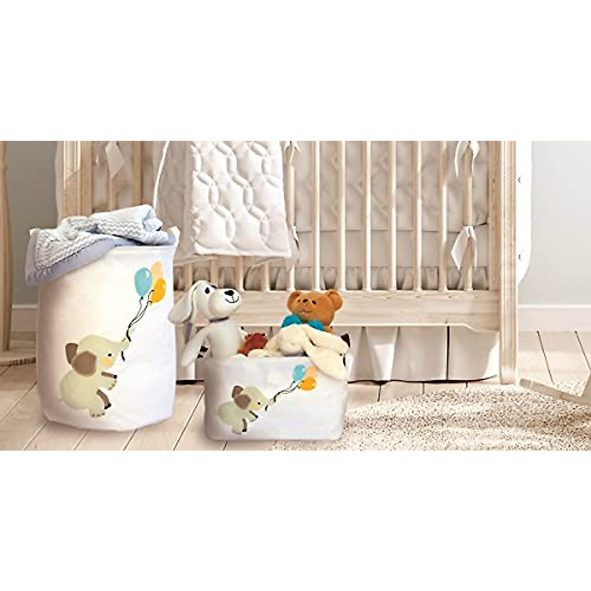 KAZULO Elephant 2 Pack Set Kids Laundry Basket, Toy Box, Storage For Nursery, for Boys and Girls, Baby Laundry Hamper for Bedroom, and Bathroom Decor (Elephant and Balloons Bundle)