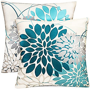 Teal Blue Decorative Throw Pillow Covers 18x18 Inch Pillow Covers for Couch Living Room Bedroom Outdoor,Modern Sofa Throw Pillow Cover,Farmhouse Geometric Floral Linen Square Pillow Case,Set of 2