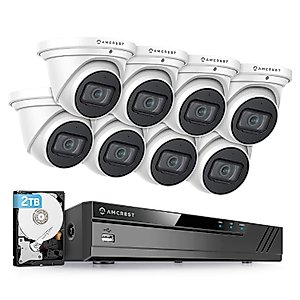 Amcrest 4K Security Camera System w/ 4K 8CH PoE NVR, (8) x 4K (8-Megapixel) IP67 Weatherproof Metal Turret Dome POE IP Cameras (3840x2160), Pre-Installed 2TB HDD, NV4108E-IP8M-T2599EW8-2TB (White)