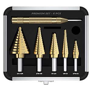 Step Drill Bit Set & Automatic Center Punch 5pcs HSS Cobalt Titanium Step Drill Bit Set, Multiple Hole 50 Sizes High Speed Step Drill Bit Set with Aluminum Case