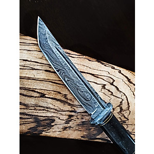 Titan International Knives 10' 1095 High Carbon Damascus Steel Fixed Knife with Black Canvas Micarta Scales Handle Japanese Style Tanto Blade with Leather Sheath for Camping Hunting and Outdoor Activities