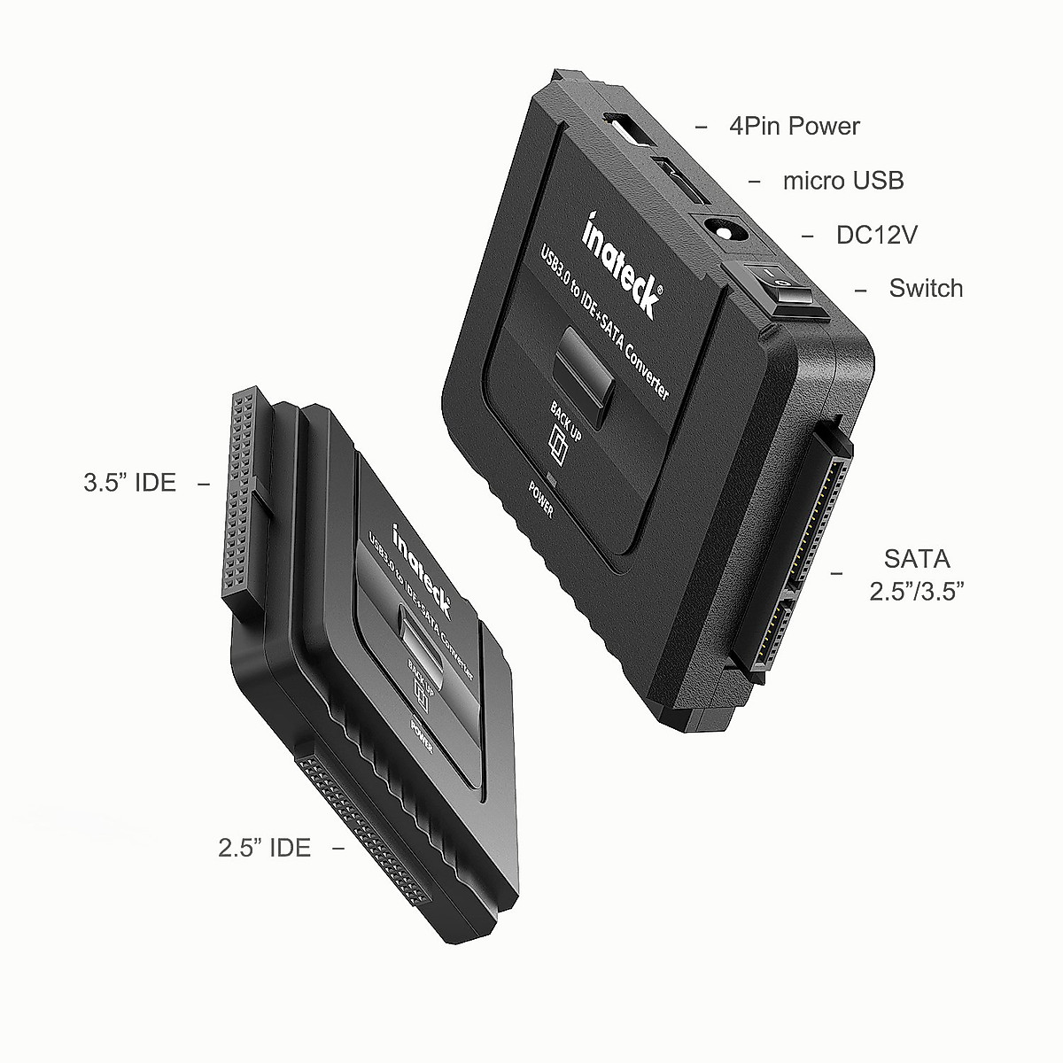 Inateck USB 3.0 to IDE/SATA External Hard Drive Reader Fit for 2.5/3.5 HDD/SSD Hard Drive Disk, IDE to USB Adapter with 12V/2A Power Supply and USB 3.0 Cable, UA2001