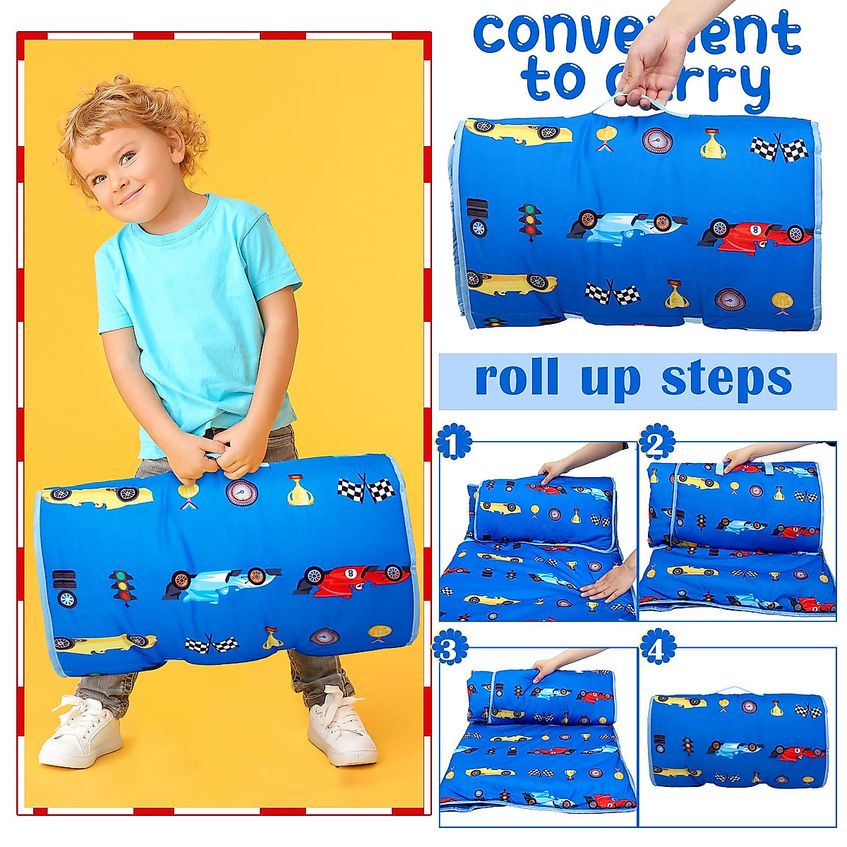Newwiee Toddler Nap Mat Kids Sleeping Mat with Removable Pillow Blanket Toddler Sleeping Bag Rolled Sleep Mats for Girl Boy Preschool Daycare Travel Camping, 20" x 50" Fit Standard Cot (Racing Car)