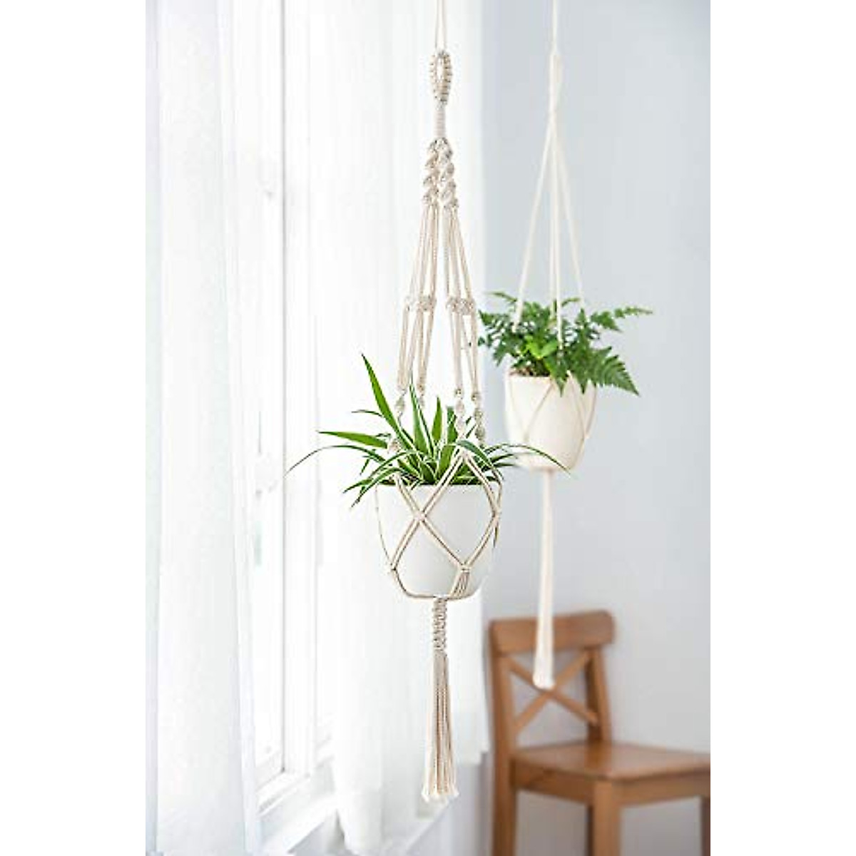 Mkono Macrame Plant Hangers with Pots Indoor Set of 2 Hanging Planters Holder 6.5 Inch Plastic Planter Included Self Watering Hanging Pots for Plants with Saucers & Perforated Insert, 41 Inch