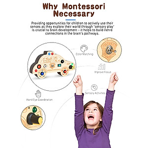 HOOLYUK Busy Board for 3+ Year Old Toddler, Wooden Car Sensory Toy for Autistic Children with LED Light Switches and Toggle Switch, Portable Fidget Toy Great for Travel