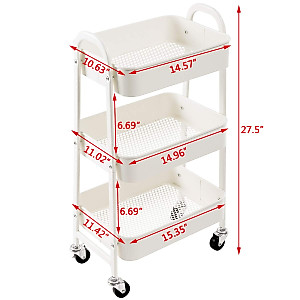 AGTEK Makeup Cart, Movable Rolling Organizer Cart, White 3 Tier Metal Utility Cart