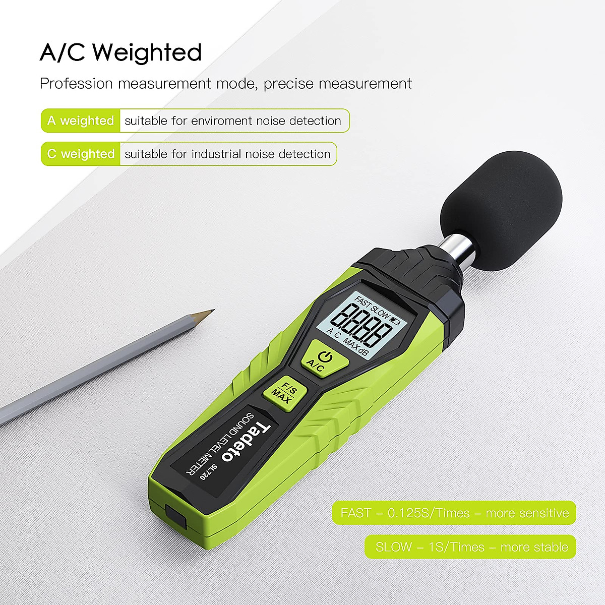 Decibel Meter, Tadeto Digital Sound Level Meter Portable SPL Meter 30dB to 130dB MAX Data Hold with LCD Display Backlight A/C Weighted for Home Factories