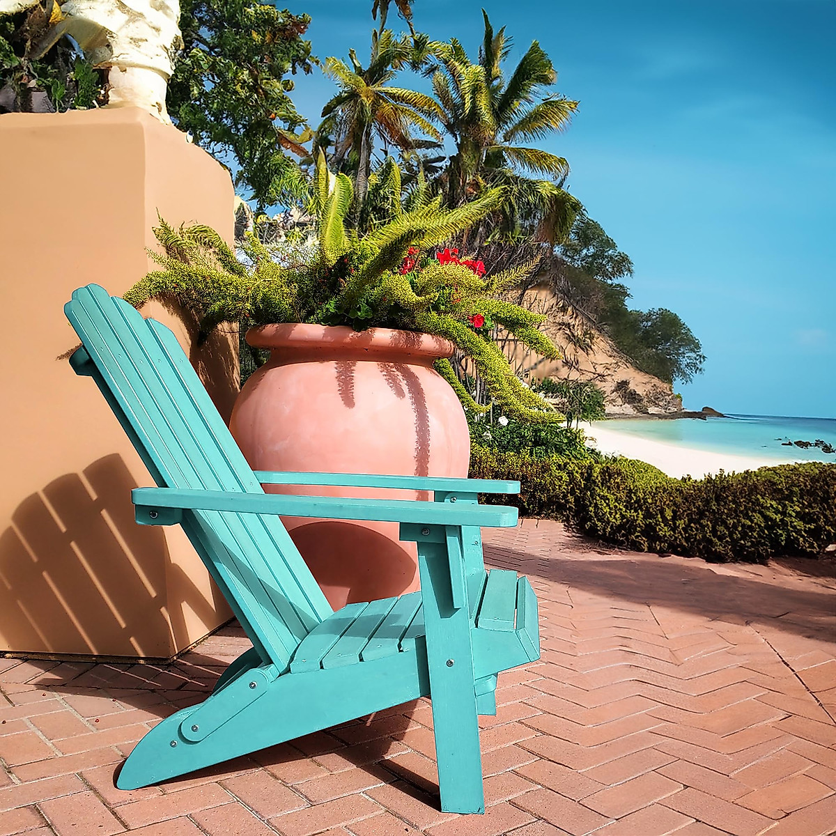 PolyTEAK Folding Adirondack Chair, Premium Weather Resistant Poly Lumber, Outdoor Patio Furniture, Up to 300 lbs, Plastic Adirondack Chairs for Patio Garden Fire Pit (Classic, Blue)