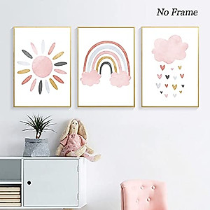 Sun Rainbow Canvas Wall Art Nursery Pink Rainbow Print Sun and Rainbow Nursery Wall Art Sun and Clouds Painting Light Pink Rainbow and Sun Art Nordic Pictures Girls Room Decor 12x16inch X3pcs No Frame