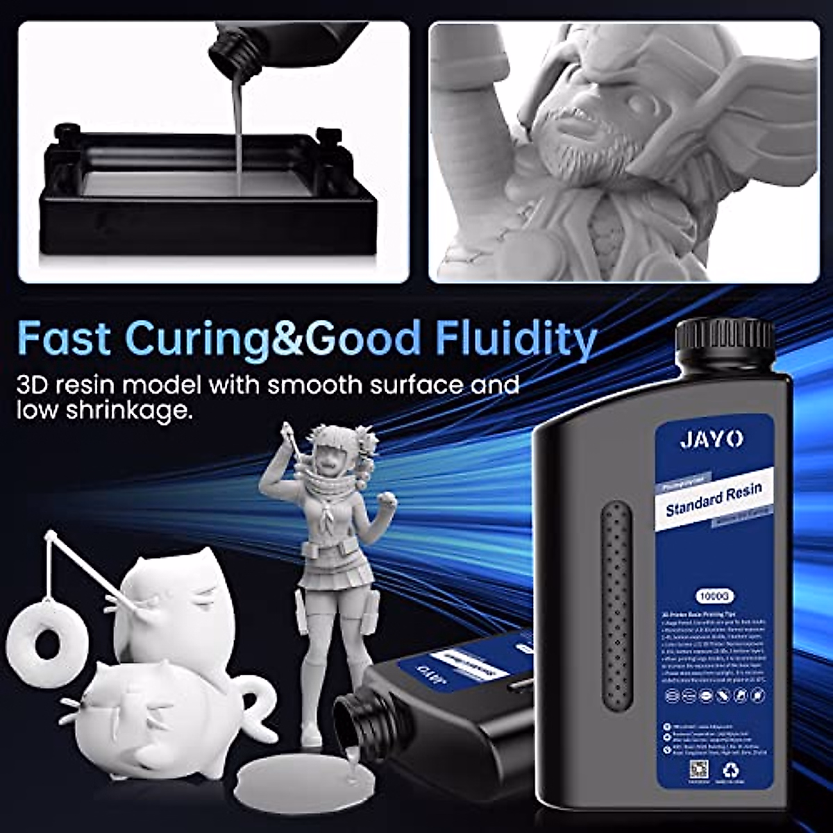3D Printer Resin, JAYO 1KG 3D Resin for 4K 8K LCD/DLP/SLA 3D Printers, 405nm Standard Photopolymer Fast Curing Resin, High Precision, Low Shrinkage, Grey 1000g