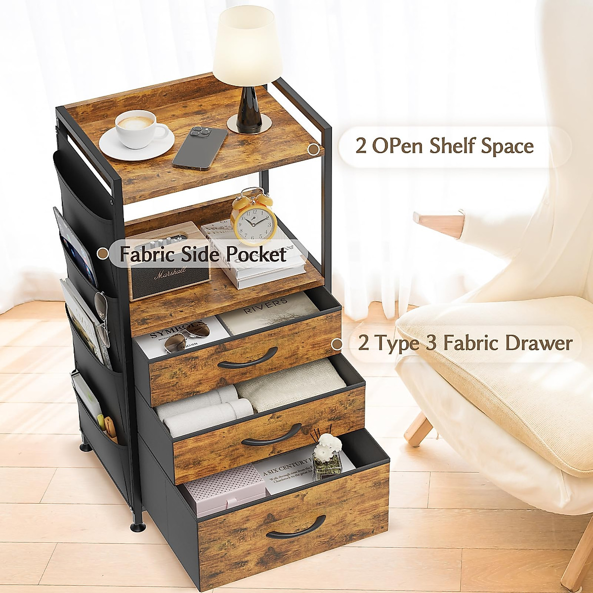 LASZOLA Nightstand with 3 Fabric Drawers and Side Pockets, Vertical Bedside Table with Wood Shelf, End Table Bed Side Dresser Furniture for Bedroom Living Room Entryway College Dorm, Rustic Brown, 1