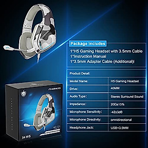 PS4 Headset with Stereo Sound, Gaming Headset for PC Xbox One PS5 Switch, H5 Over Ear Headphones with Noise Cancelling Mic, LED Light, Soft Memory Earmuffs for Laptop Tablet Phone NES Games (Camo)